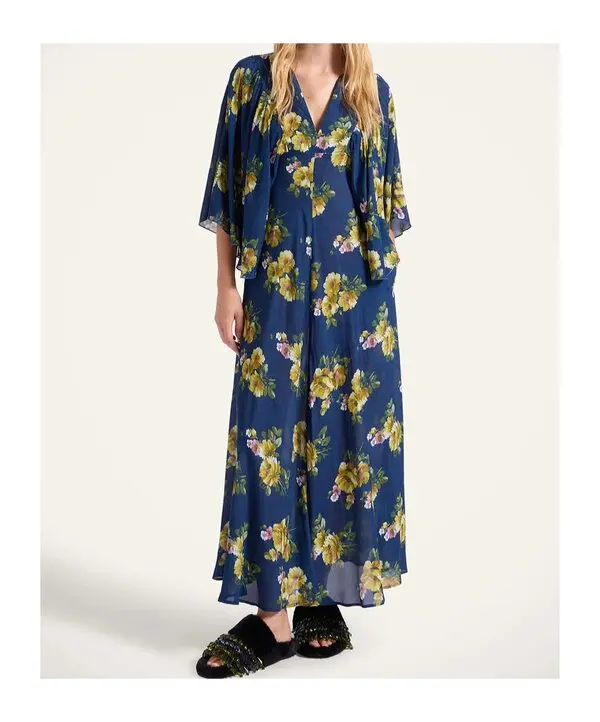 La DoubleJ Floral-print Cape-sleeve Maxi Dress