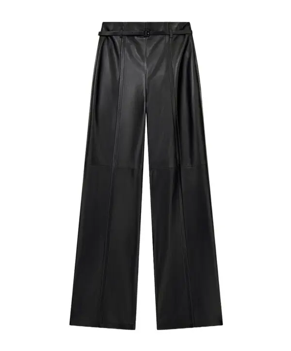 Emporio Armani Trousers In Leather With High Waist Wide Leg And Belt - Black