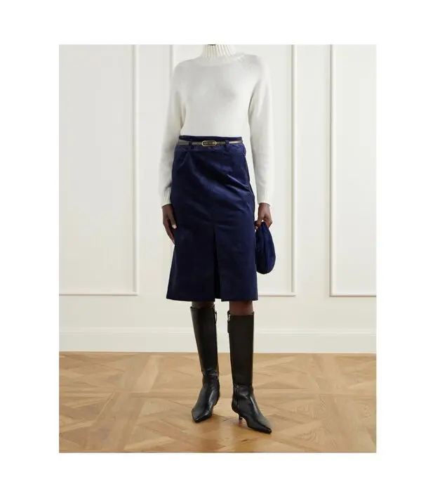 Veronica Beard Alexie Belted Cotton-blend Corduroy Midi Skirt - Navy Blue
