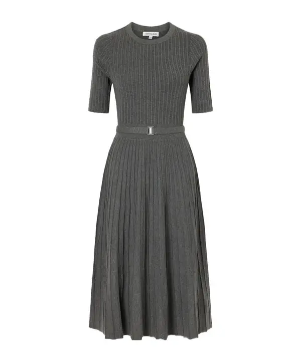 Veronica Beard Elthea Belted Pleated Ribbed-knit Midi Dress - Grey