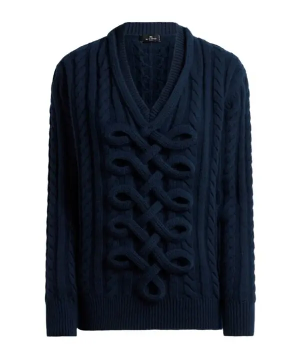 Etro Ribbed Wool-blend Sweater With Woven Detailing - Blue