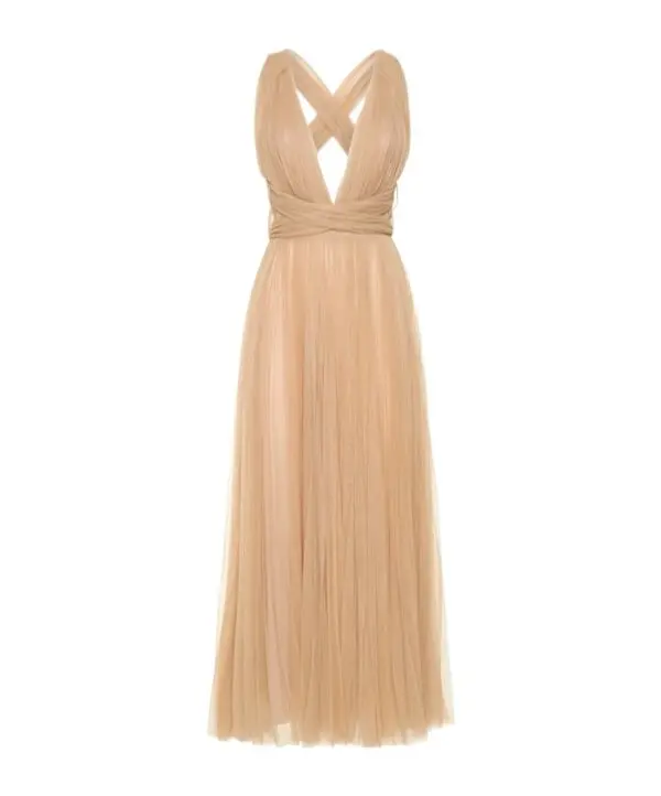 MARIA LUCIA HOHAN Pleated Tulle Midi Dress W/ Low Back - Nude