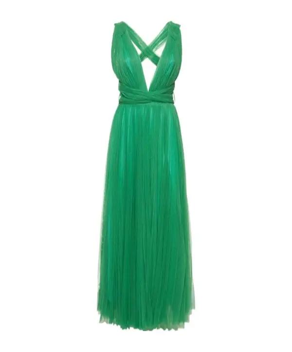 MARIA LUCIA HOHAN Pleated Tulle Midi Dress W/ Low Back - Green