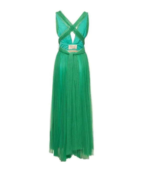 MARIA LUCIA HOHAN Pleated Tulle Midi Dress W/ Low Back