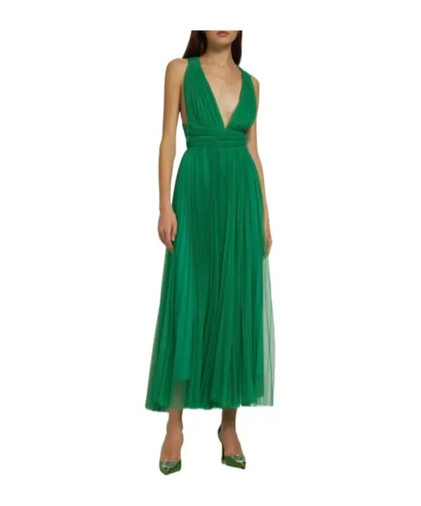 MARIA LUCIA HOHAN Pleated Tulle Midi Dress W/ Low Back