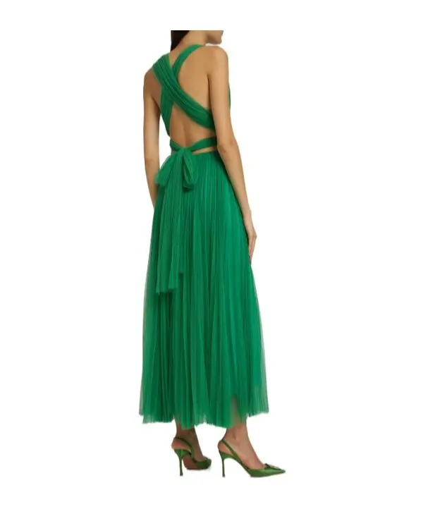 MARIA LUCIA HOHAN Pleated Tulle Midi Dress W/ Low Back