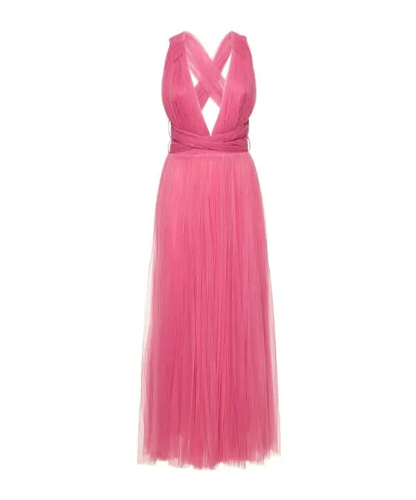 MARIA LUCIA HOHAN Pleated Tulle Midi Dress W/ Low Back - Pink