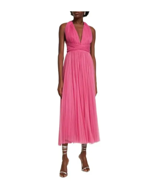 MARIA LUCIA HOHAN Pleated Tulle Midi Dress W/ Low Back