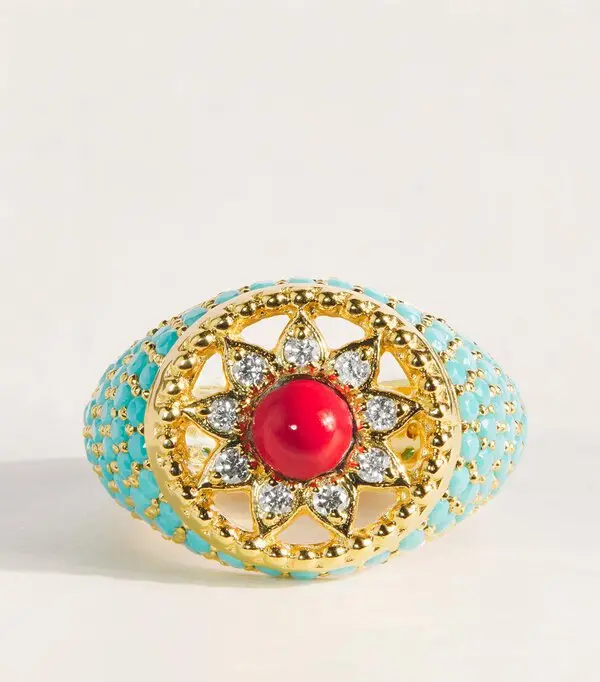 L'ATELIER NAWBAR Yellow Diamond, Coral And Turquoise Cosmic Love Arabesque Pinky Ring - Gold