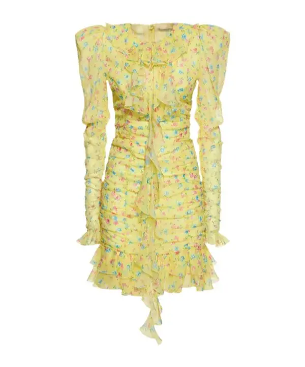 Alessandra Rich Floral Printed Silk Georgette Mini Dress - Yellow