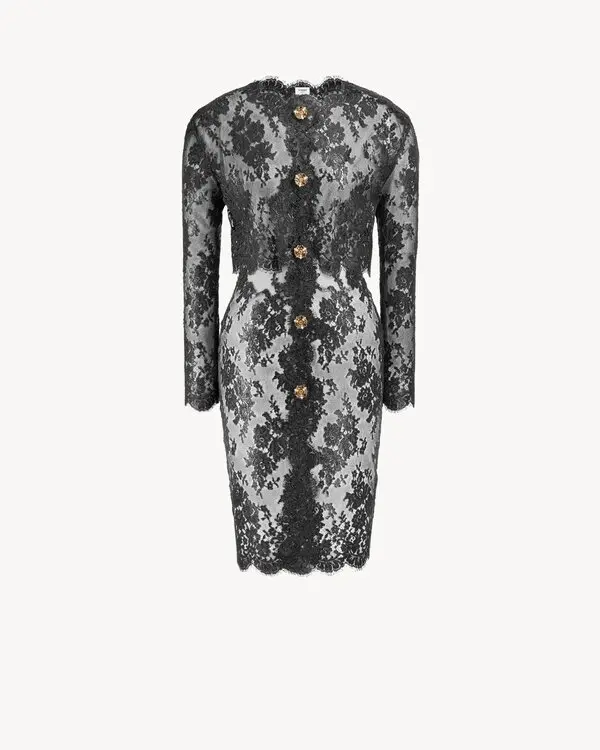 Saint Laurent Dress In Silicone-coated Lace - Noir
