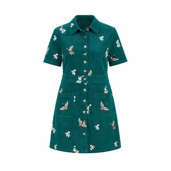 YUMI Teal Crane Embroidered Shirt Dress