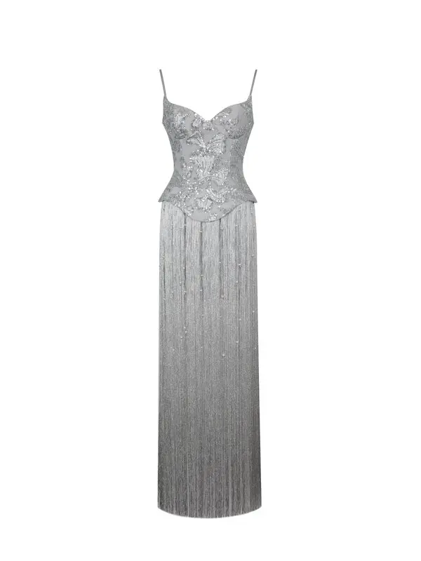 MISS CIRCLE NEW YORK Olisa Beaded Peplum Tassel Maxi Dress