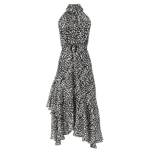 SACHA DRAKE Austen Chiffon Halter Midi Dress In White Spot