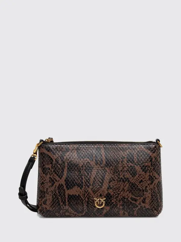 Pinko Horizontal Flat Python-print Leather Clutch With Love Birds Logo - Brown