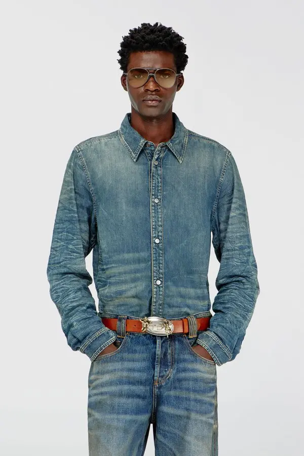 DIESEL® Shirt In Dirty-effect Creased Denim