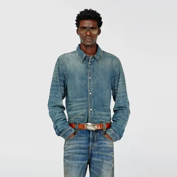 DIESEL® Shirt In Dirty-effect Creased Denim - Blue