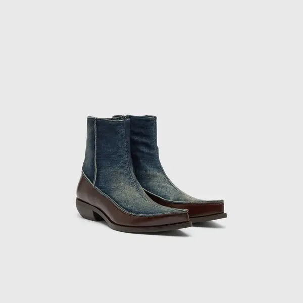 DIESEL® D-frido-western Ankle Boots In Leather And Denim - Blue