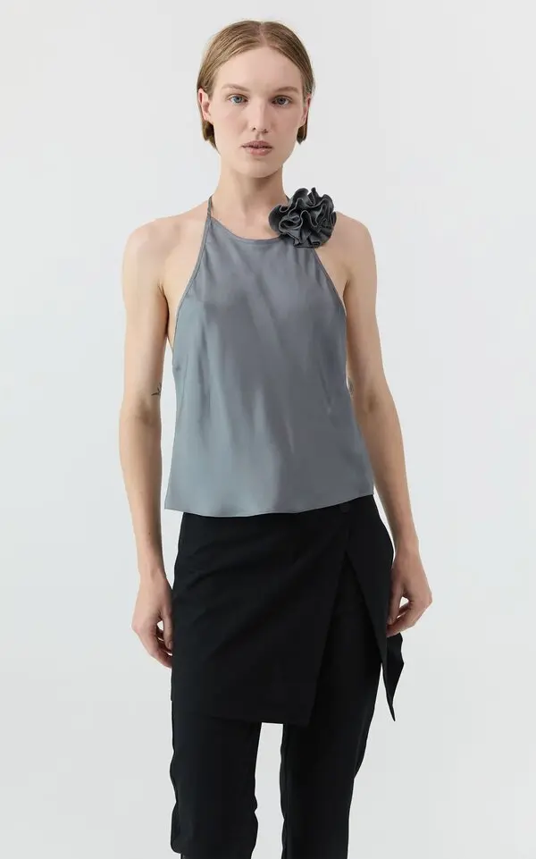 ST. AGNI Silk Halter Rosette Top - Grey