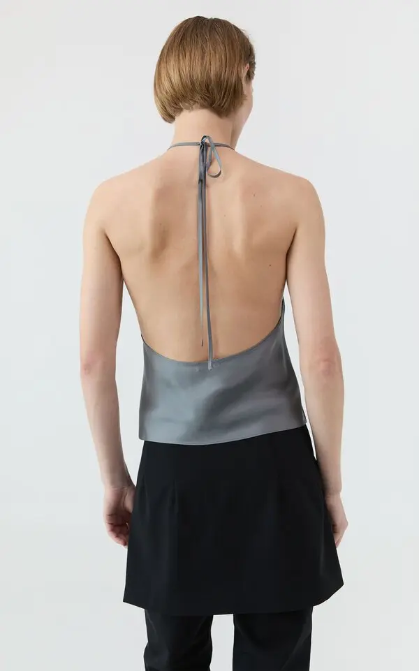 ST. AGNI Silk Halter Rosette Top - Grey