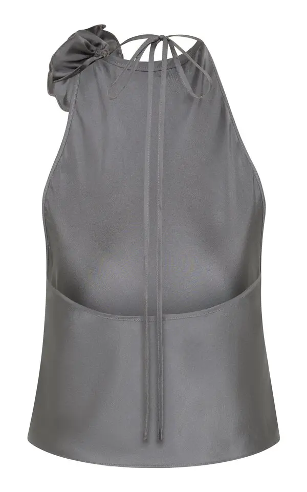 ST. AGNI Silk Halter Rosette Top - Grey