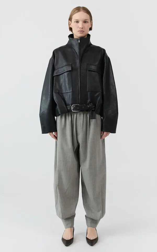 ST. AGNI Belted Balloon Leather Jacket