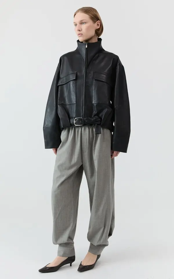 ST. AGNI Belted Balloon Leather Jacket