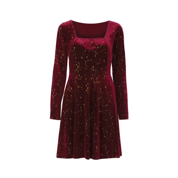 YUMI Burgundy Star Foil Print Long Sleeve Skater Dress - Red