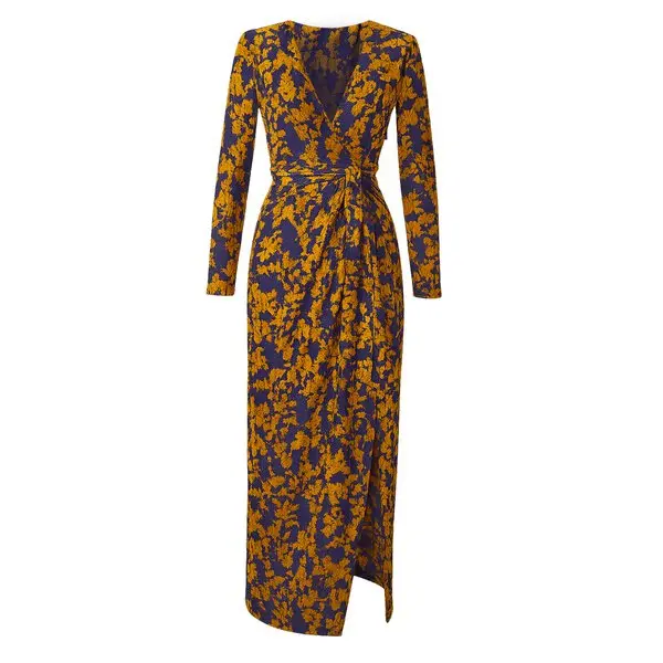 YUMI Navy Velour Stretch Midi Dress With Long Sleeves