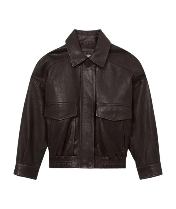 REISS Maeve Petite Grained-leather Twin-pocket Relaxed Jacket - Ebony