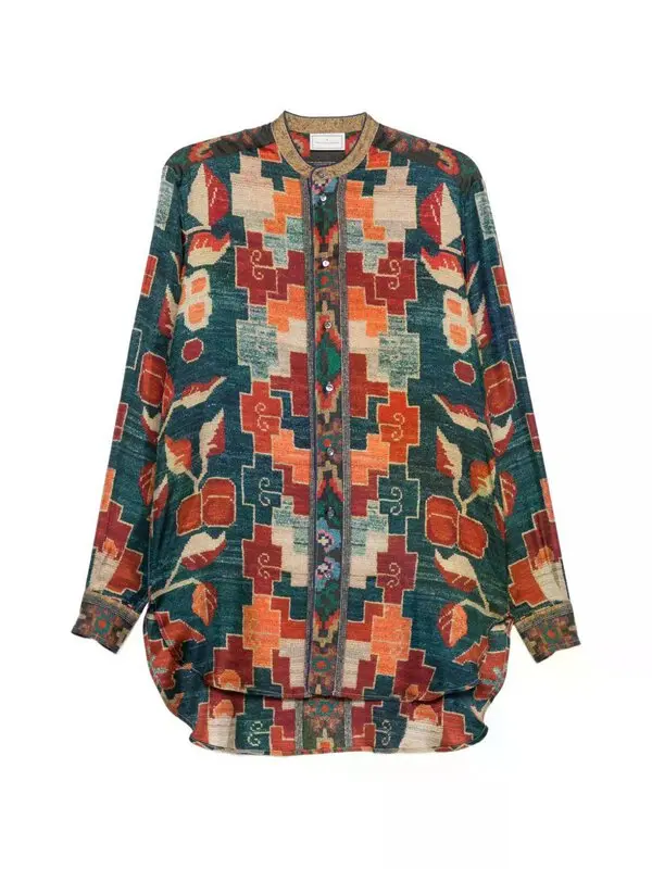 PIERRE-LOUIS MASCIA Geometric-print Band-collar Shirt - Blue