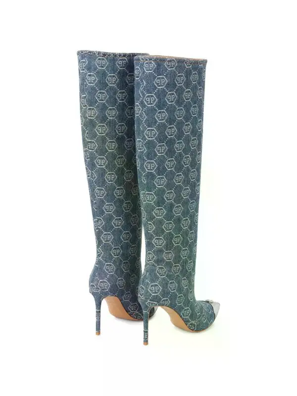 Philipp Plein Monogram-print Pointed-toe Demin Boots