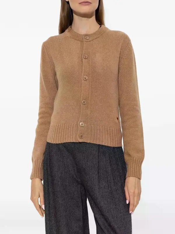 AMI Paris Beige Crewneck Cashmere Cardigan With De Coeur