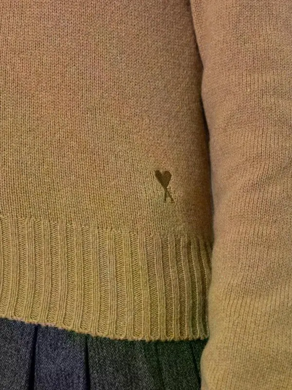 AMI Paris Beige Crewneck Cashmere Cardigan With De Coeur