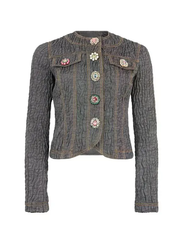 Moschino Jewel-embellished Crinkled Denim Jacket - Grey