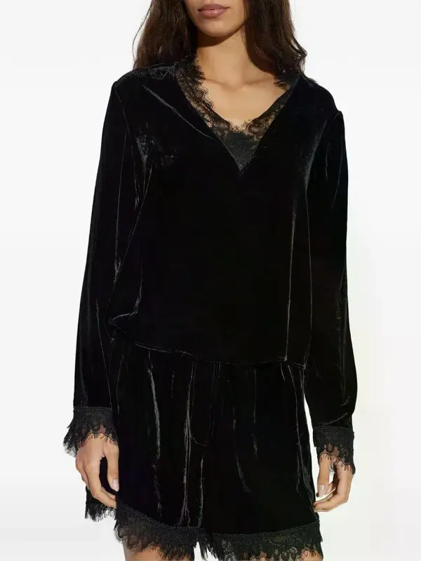 GANNI Lace-trimmed Velvet Top