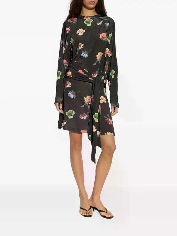 GANNI Floral-motif Tie-waist Mini Dress