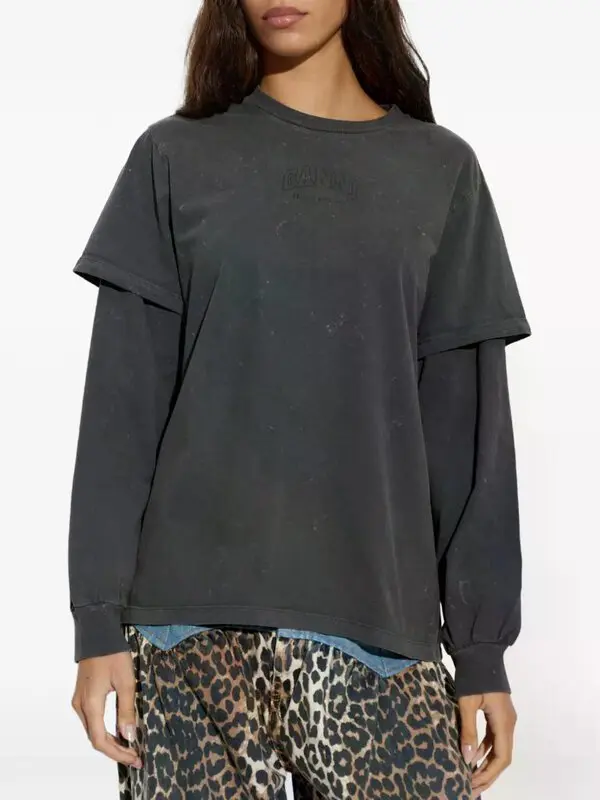 GANNI Logo-print Layered-sleeve T-shirt - Grey
