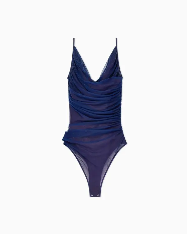 Giorgio Armani Stretch Tulle Bodysuit With Draped Neckline And Strass