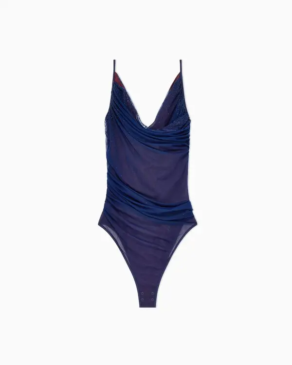 Giorgio Armani Stretch Tulle Bodysuit With Draped Neckline And Strass