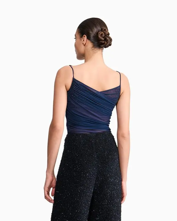 Giorgio Armani Stretch Tulle Bodysuit With Draped Neckline And Strass