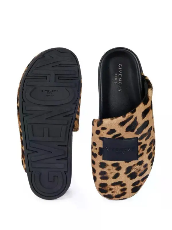 Givenchy Label Flat Mules In Pony Effect Leather With Leopard Pattern