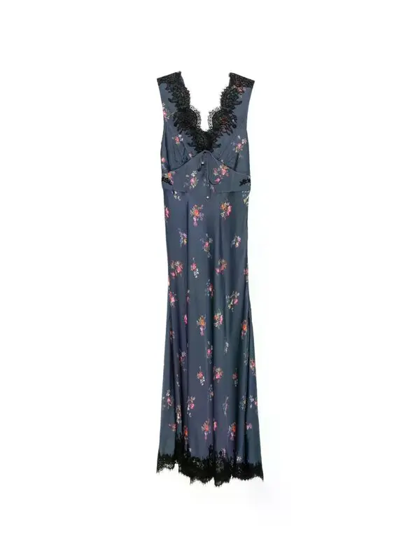 SELF-PORTRAIT Floral-print Lace-trimmed Midi Dress - Blue