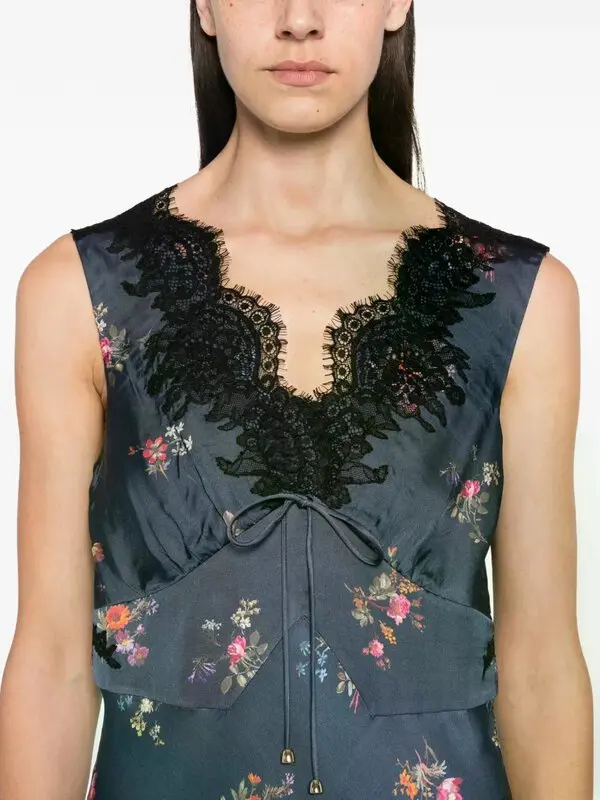 SELF-PORTRAIT Floral-print Lace-trimmed Midi Dress