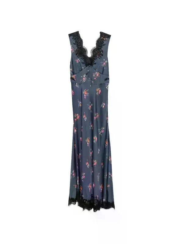 SELF-PORTRAIT Floral-print Lace-trimmed Midi Dress - Blue
