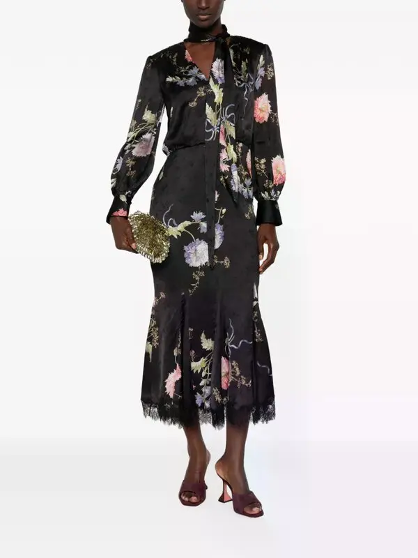 SELF-PORTRAIT Floral-print Lace-trim Midi Dress