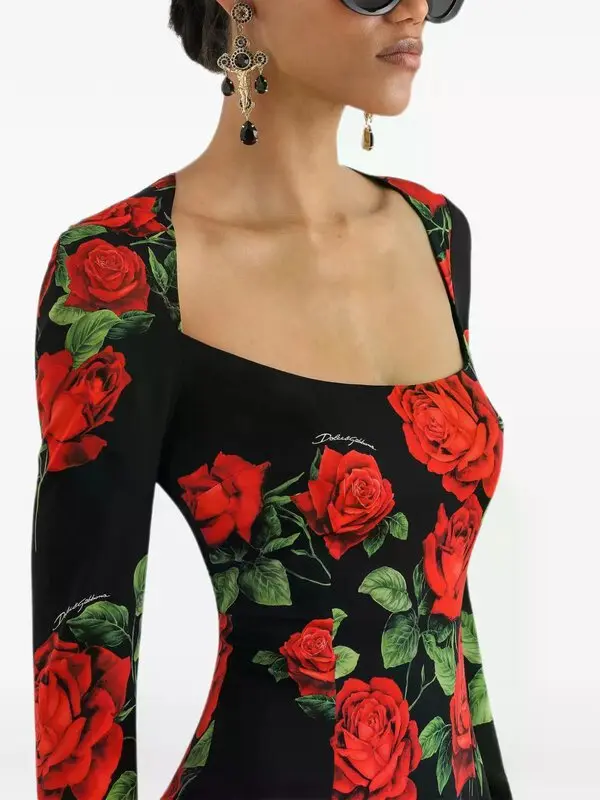 Dolce & Gabbana Rose-print Charmeuse Midi Dress