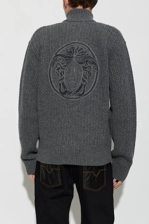 Versace Medusa Head Gray Ribbed Zip Cardigan