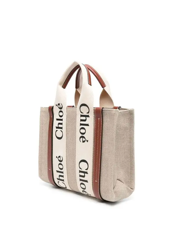 Chloé Tote Bag Woody Piccola In Lino - Multicolor