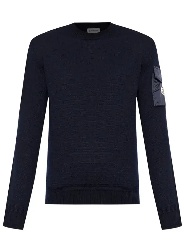 Moncler Maglione In Lana Con Tasca Patch - Blue